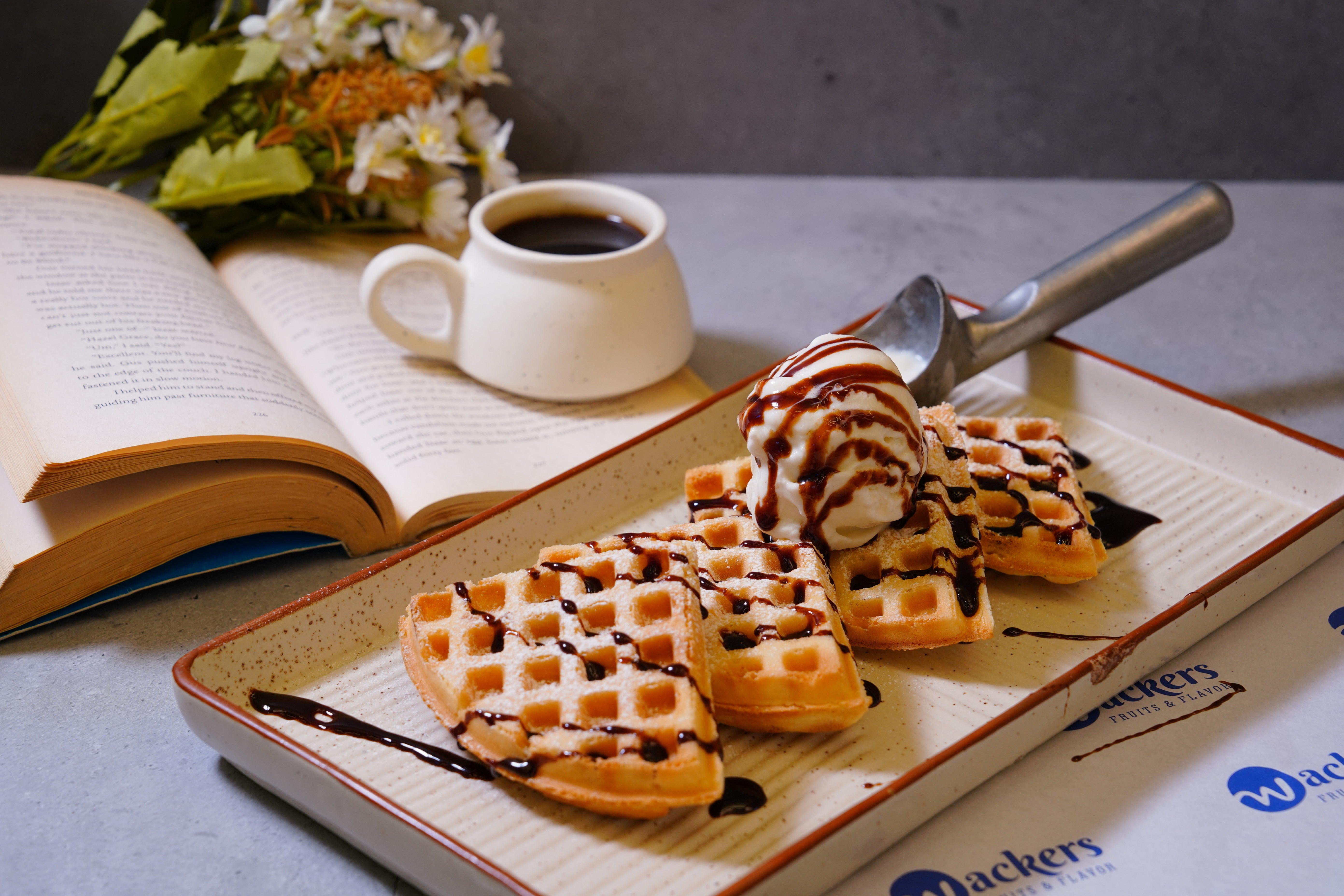 Plain Waffle with Chocolate Syrup and Vanilla Ice Cream – Wackers